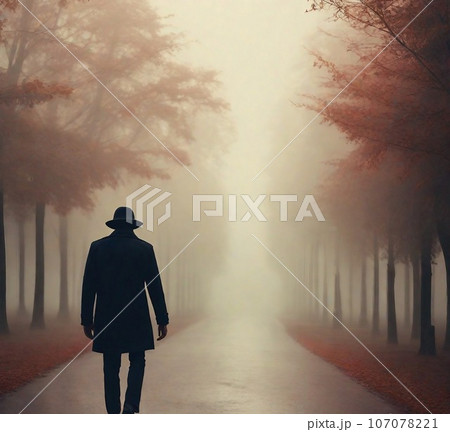 background with man walks in the mistのイラスト素材 [107078221] - PIXTA