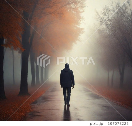 background with man walks in the mistのイラスト素材 [107078222] - PIXTA