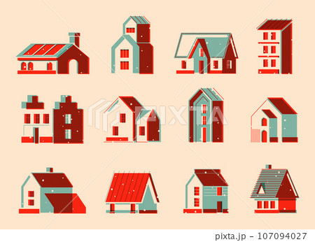 Riso print houses. Cartoon cute residential...のイラスト素材 [107094027] - PIXTA