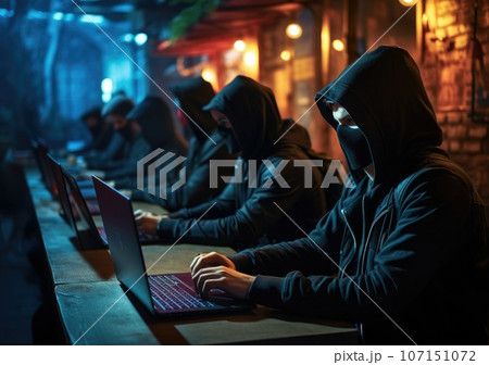 hacker in black hoodie working on laptop in the...のイラスト素材 [107151072] - PIXTA