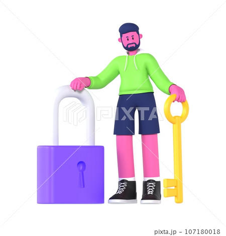 3D Cartoon Man with Lock and Key, Cartoon...のイラスト素材 [107180018] - PIXTA