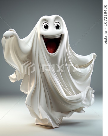 Happy cartoon ghost dancing on blue background...のイラスト素材 [107219430 ...