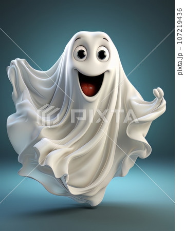 Happy cartoon ghost dancing on blue background...のイラスト素材 [107219436 ...