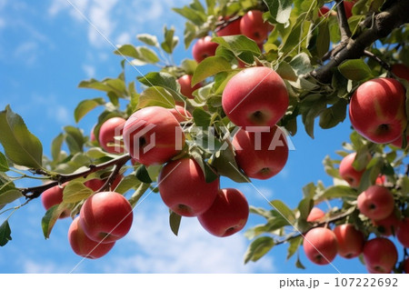 low angle view of apples hanging from a treeのイラスト素材 [107222692] - PIXTA