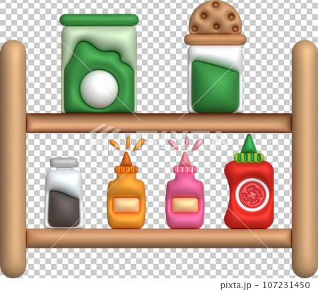 3d illustration Condiment shelves with bottles... - Stock Illustration ...