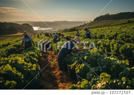 An vineyard workers harvesting grapes,...のイラスト素材 [107272507] - PIXTA