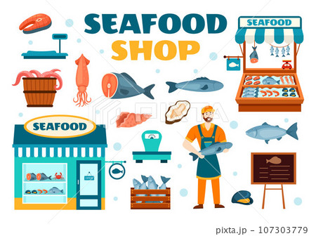 Seafood Market Stall Vector Illustration with...のイラスト素材 [107303779] - PIXTA