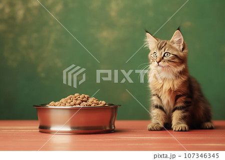 A domestic cat with a bowl full of cat treats,...のイラスト素材 [107346345 ...