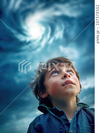 Young boy gazing up at dramatic storm clouds...のイラスト素材 [107378502] - PIXTA