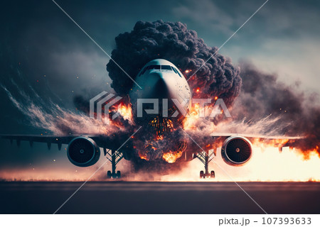 Aircraft explosion during landing. Airliner...のイラスト素材 [107393633] - PIXTA