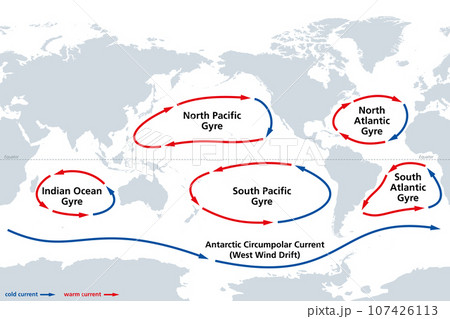 The major ocean gyres, world map. The most...のイラスト素材 [107426113] - PIXTA