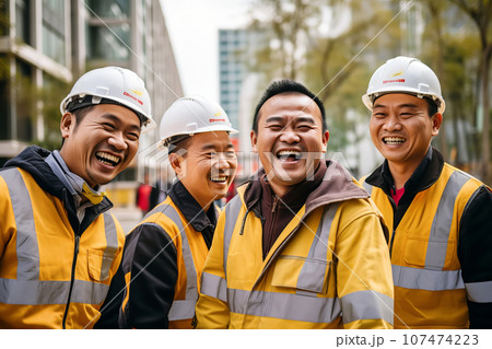 Group of happy Asian workers in hard hats and...のイラスト素材 [107474223] - PIXTA