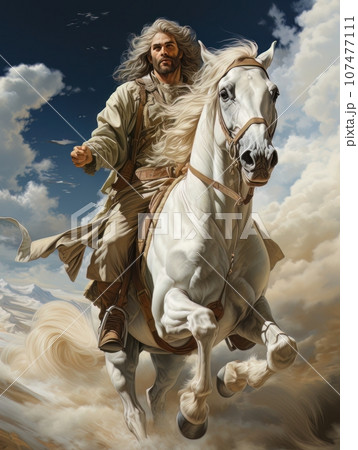 God rides on white horse through the clouds in...のイラスト素材 [107477111 ...