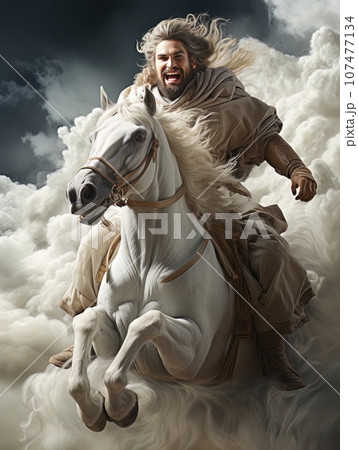 God rides on white horse through the clouds in...のイラスト素材 [107477134 ...