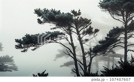 dark tree tops forest in heavy morning fog...のイラスト素材 [107487607] - PIXTA