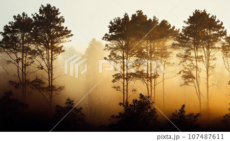 dark tree tops forest in heavy morning fog...のイラスト素材 [107487611] - PIXTA