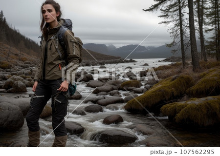 a young woman dressed in rugged outdoor attire,...のイラスト素材 [107562295 ...