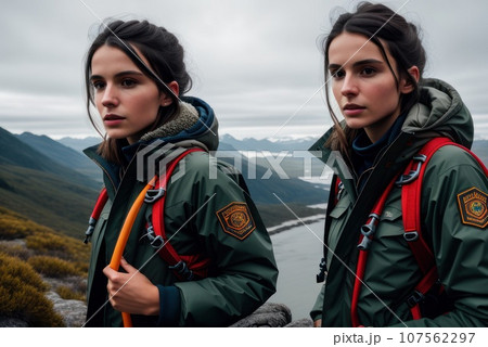 Two young woman dressed in rugged outdoor...のイラスト素材 [107562297] - PIXTA