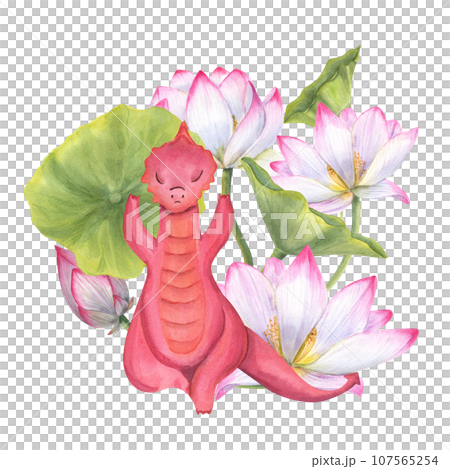 Red dragon meditating among blooming water...のイラスト素材 [107565254] - PIXTA