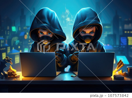 hacker in black hoodie working on laptop in the...のイラスト素材 [107573842] - PIXTA