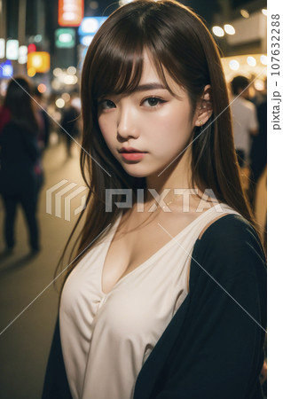 夜の繁華街にて 若い女性のポートレート（AI生成画像）のイラスト素材 [107632288] - PIXTA