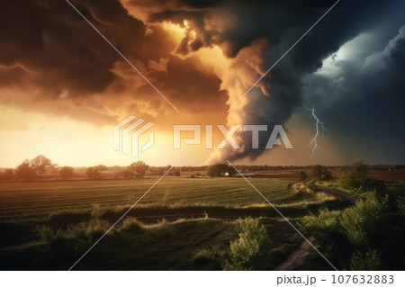 Tornado raging over a landscape. Storm over...のイラスト素材 [107632883] - PIXTA