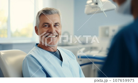 Senior gray-haired doctor in blue uniform talks...のイラスト素材 [107659975 ...