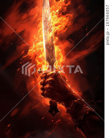 Fire sword in a male warrior's hand. AIのイラスト素材 [107668857] - PIXTA
