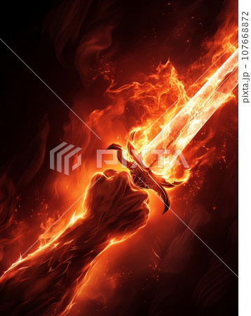 Fire sword in a male warrior's hand. AIのイラスト素材 [107668872] - PIXTA