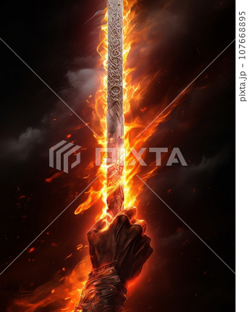 Fire sword in a male warrior's hand. AIのイラスト素材 [107668895] - PIXTA