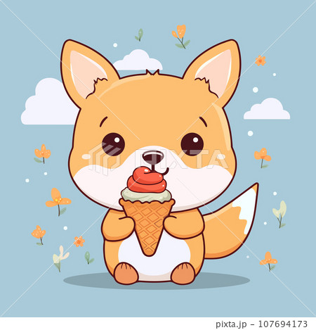 Cute cheerful cartoon fox with an ice cream...のイラスト素材 [107694173] - PIXTA