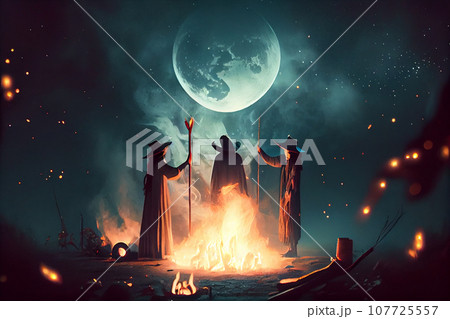 Occult witch sabbath ritual fire gathering in...のイラスト素材 [107725557] - PIXTA
