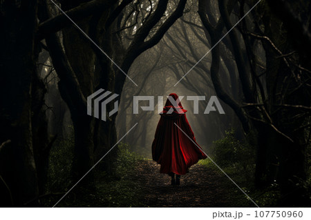 A woman in a red cloak walking through a dark...のイラスト素材 [107750960] - PIXTA