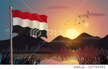 Yemen flags flutter against the sunrise sky and...のイラスト素材 [107765465 ...
