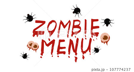 Text with drops of blood. Zombie menu. Spiders...のイラスト素材 [107774237 ...