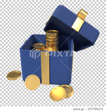 3D open gift box with golden coins and ribbon.... - Stock Illustration ...