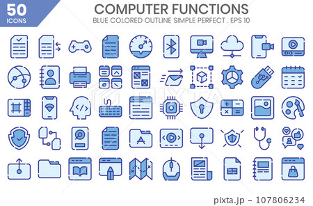 computer function blue colored outline icons...のイラスト素材 [107806234] - PIXTA