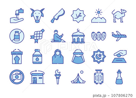 Eid Al Adha blue color icons set. The...のイラスト素材 [107806270] - PIXTA