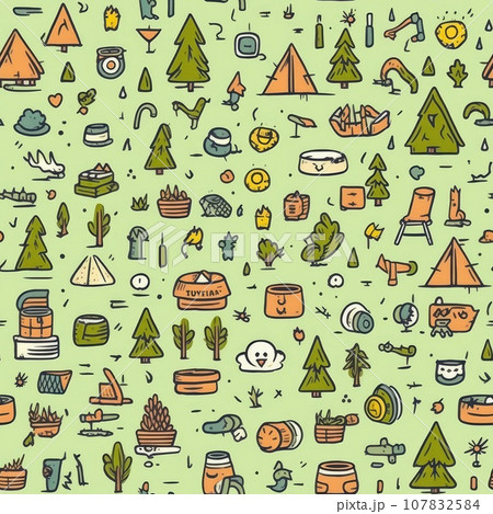 Cute hand drawn seamless pattern with camping...のイラスト素材 [107832584] - PIXTA