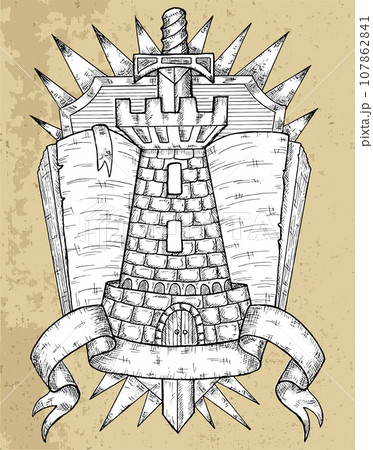 Black and white coat of arms with tower, old...のイラスト素材 [107862841] - PIXTA