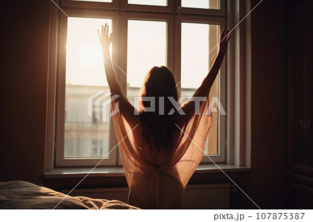 Morning Awakening, Brunette Woman Stretching in...のイラスト素材 [107875387 ...
