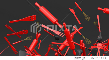 Many of flying kitchen utensils, tools and...のイラスト素材 [107938474] - PIXTA