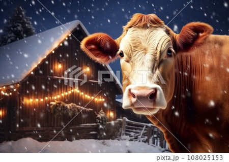 Farm cow on snowy winter background with...のイラスト素材 [108025153] - PIXTA