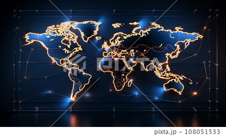 World map 2D with neon line. Generative AI.のイラスト素材 [108051533] - PIXTA