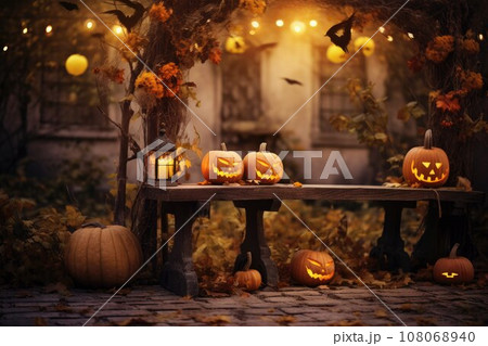 Pumpkin decoration with hay stacks. Halloween...のイラスト素材 [108068940] - PIXTA