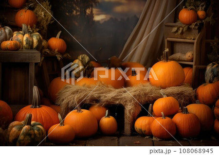 Pumpkin decoration with hay stacks. Halloween...のイラスト素材 [108068945] - PIXTA