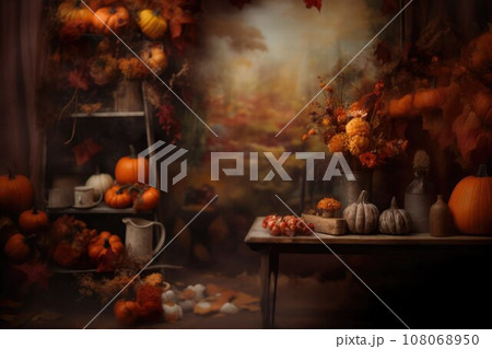 Pumpkin decoration with hay stacks. Halloween...のイラスト素材 [108068950] - PIXTA