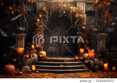 Pumpkin decoration with hay stacks. Halloween...のイラスト素材 [108068955] - PIXTA