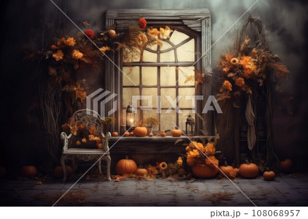 Pumpkin decoration with hay stacks. Halloween...のイラスト素材 [108068957] - PIXTA