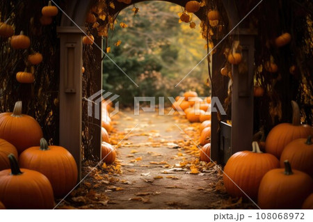 Pumpkin decoration with hay stacks. Halloween...のイラスト素材 [108068972] - PIXTA